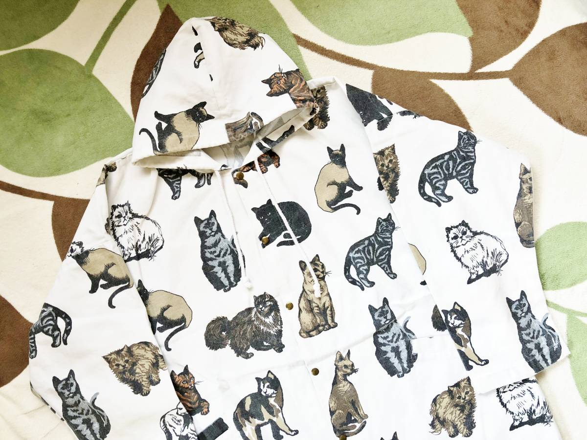 90s USA製 ミシガンラグ 猫総柄 フード付き コーチジャケット sizeL ビンテージ MICHIGAN RAG CO アメリカ製(L ...