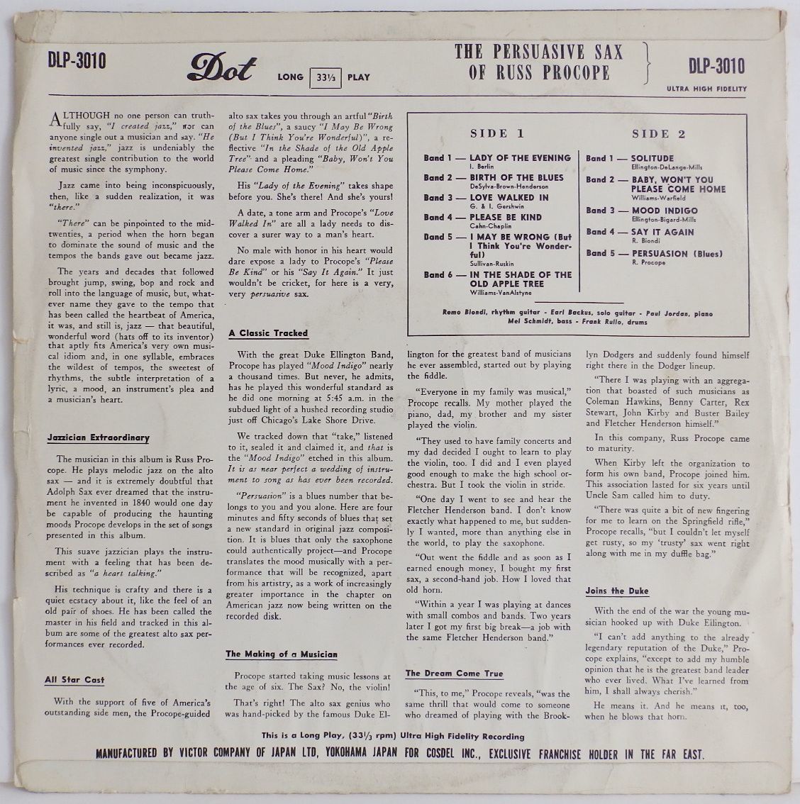 レア Dot エクスポート MONO 両面 深溝 US盤 RUSS PROCOPE The Persuasive sax of DLP ...