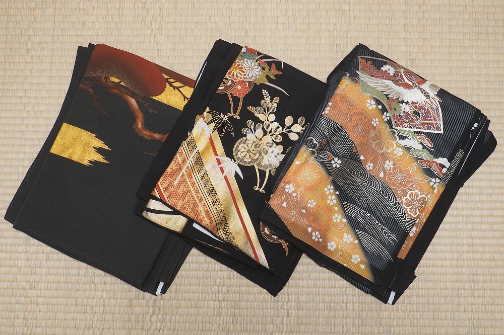 A1908-2254 丸文/黒留袖/アソート/リメイク 材料等に/夏物 含/鶴 花柄等/3点/家紋入/比翼付/仕立上り/正絹 他/ 梱包サイズ：100(留袖)｜売買されたオークション情報 ...