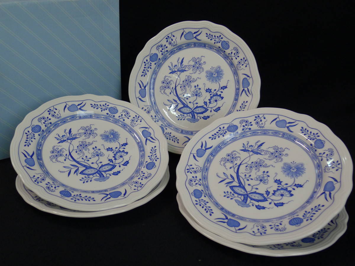 E396 NIKKO ニッコー Loire Blue ミート皿 中皿 プレート 5客揃 草花柄 貫入有り カレー パスタなどに 食器 箱付 ...