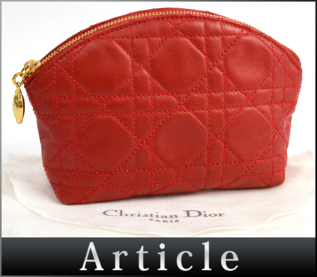 87968〇Christian Dior クリスチャンディオール/ ポーチ コスメポーチ カナージュステッチ/ レザー 革/ レッド 赤 ...