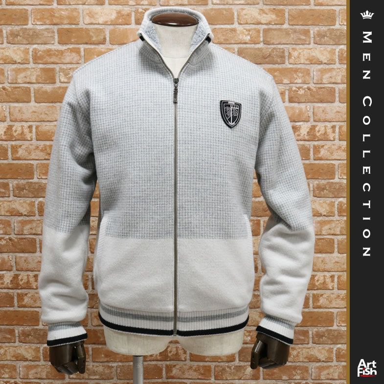 1円/在庫品/barassi MILANO/48(L)サイズ/日本製ニットブルゾン ウール100％千鳥格子 伸縮 裏ボア スイングトップ新品/グレー系/y183/｜スポーツ、レジャー
