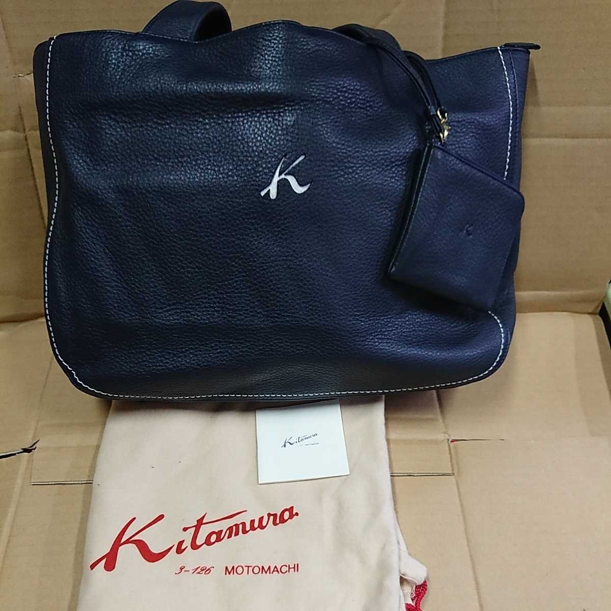 品 老舗高級鞄 Kitamura キタムラ MOTOMACHI トート バッグ 本革 ハンドバッグ 手提げ ネイビー 上品 白ステッチ 保管袋 ...