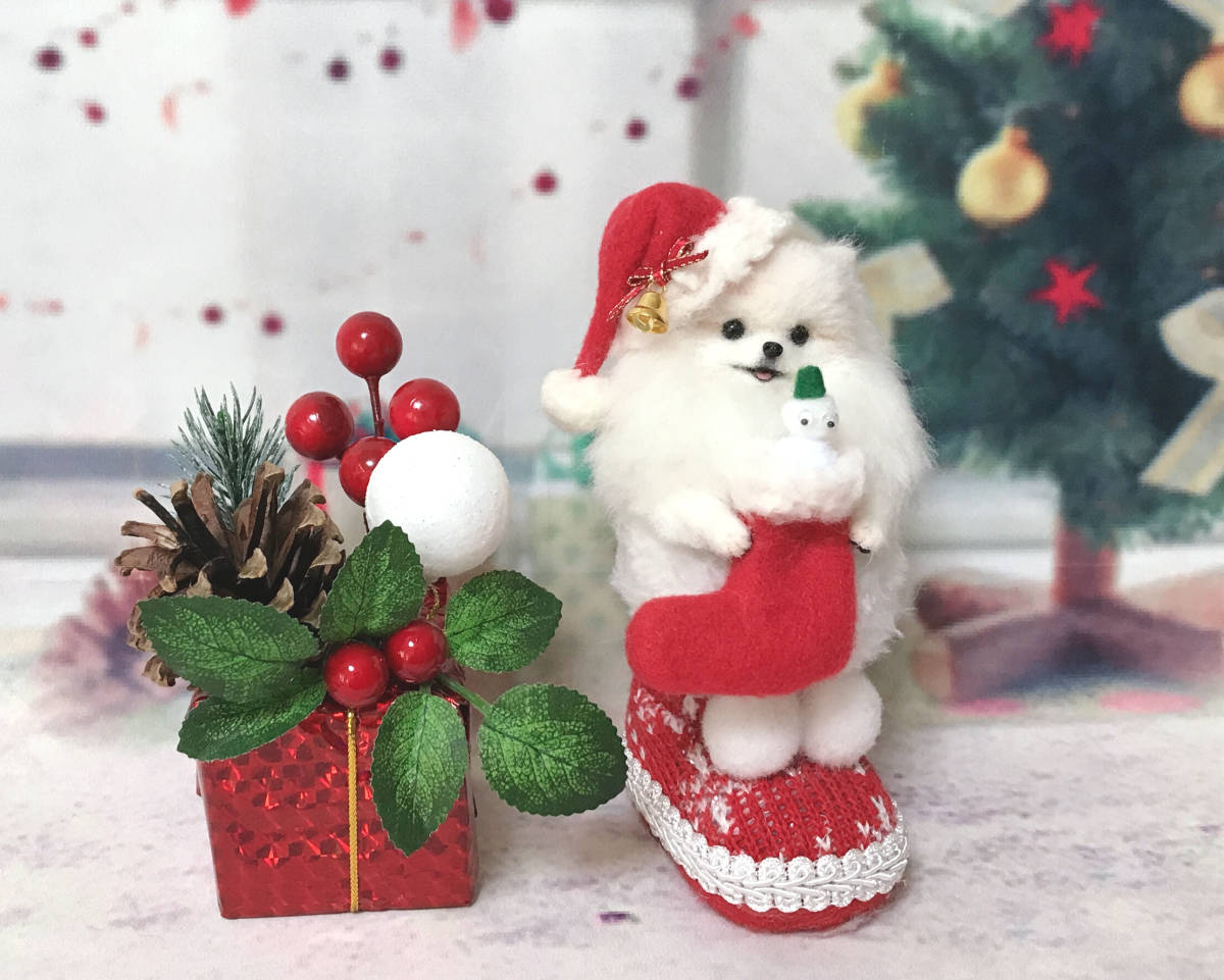 +momo+羊毛フェルト 犬 ホワイト ポメラニアン クリスマス ブーツin オリジナルハンドメイド(羊毛フェルト)｜売買されたオークション ...
