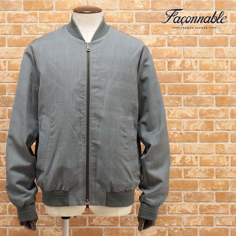 1円/春夏/Faconnable/52サイズ/ブルゾン 清涼サマーウール モヘア シャリ感 チェック 上品 レトロ スイングトップ /グレー ...