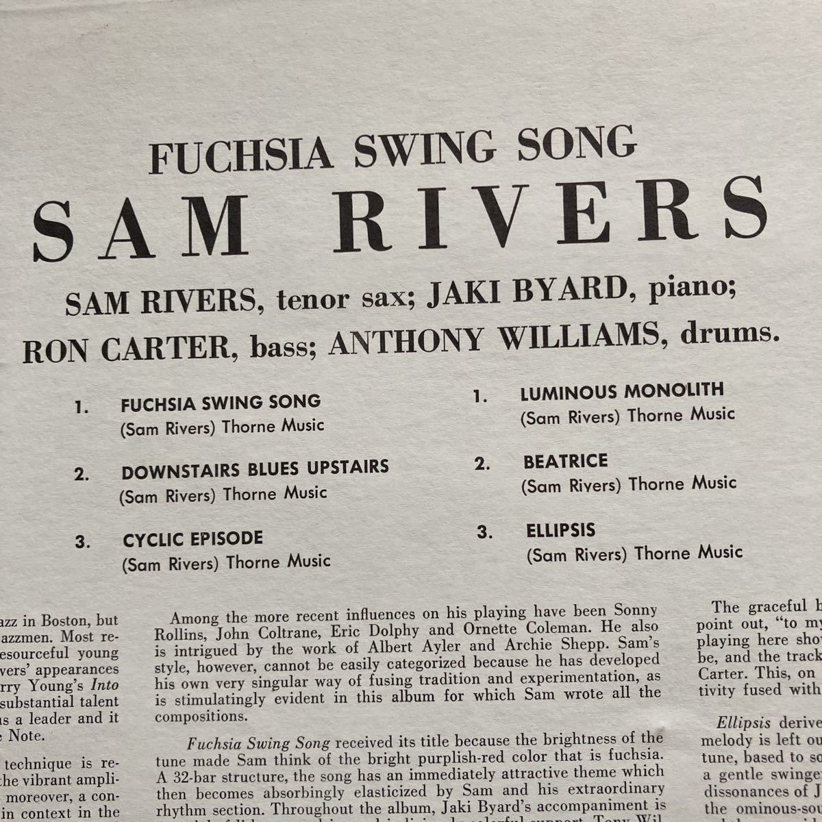 サム リヴァース FUCHSIA SWING SONG／SAM RIVERS BLUE NOTE BST-84184 米国盤 / with ...