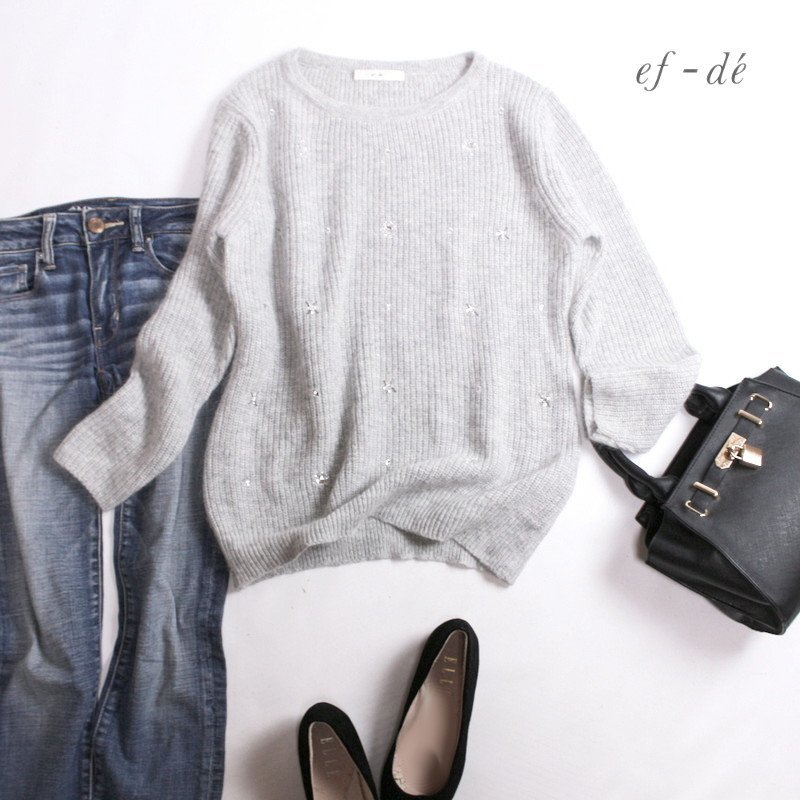 厚手 エフデ ef-de 株 フランドル 大きいサイズ13号 ビーズ刺繍 冬 あったか アンゴラ混合 プルオーバー セーター グレー(XL ...