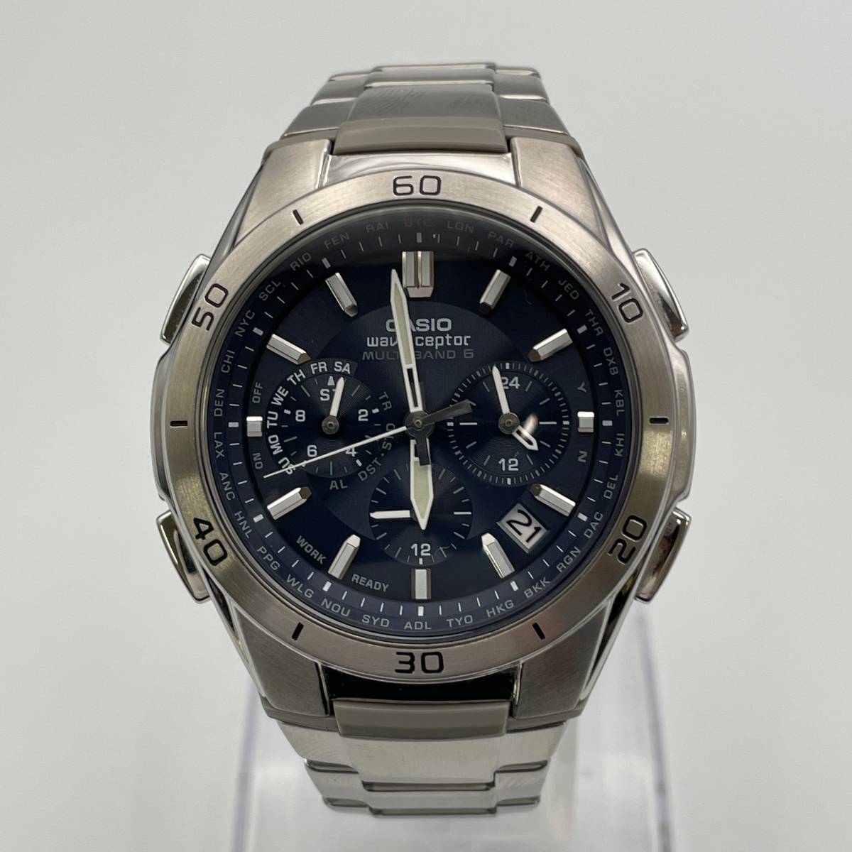 CASIO wave ceptor 電波ソーラー WVO-M410 クロノグラフ デイト メンズ腕時計 ブルー文字盤 ステンバンド カシオ ...