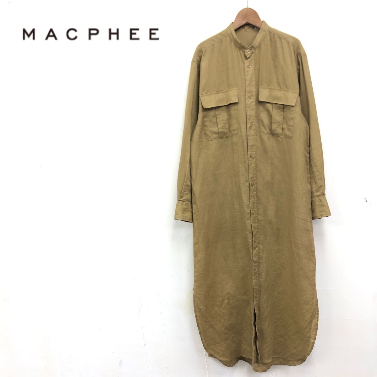 A657-K MACPHEE マカフィー リネンロングシャツワンピース size36 ベージュ 麻100% バンドカラー 薄手 胸ポケット サイドスリット(ワンピース)｜売買されたオークション ...