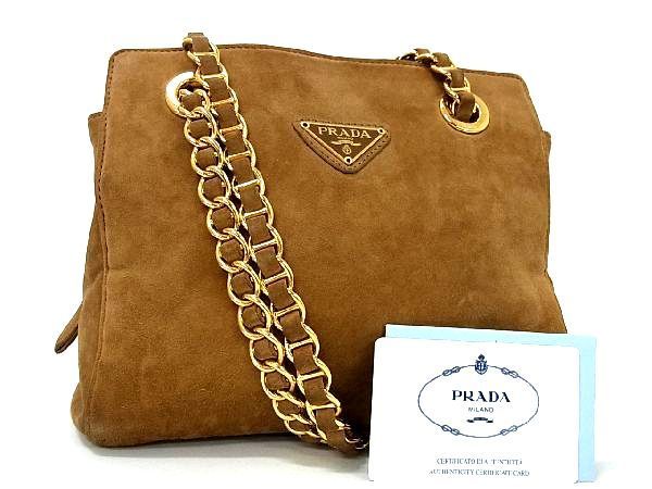 1円 PRADA プラダ B4425 スエード チェーン ショルダーバッグ トート 肩掛けかばん レディース ブラウン系 AP0793 ...