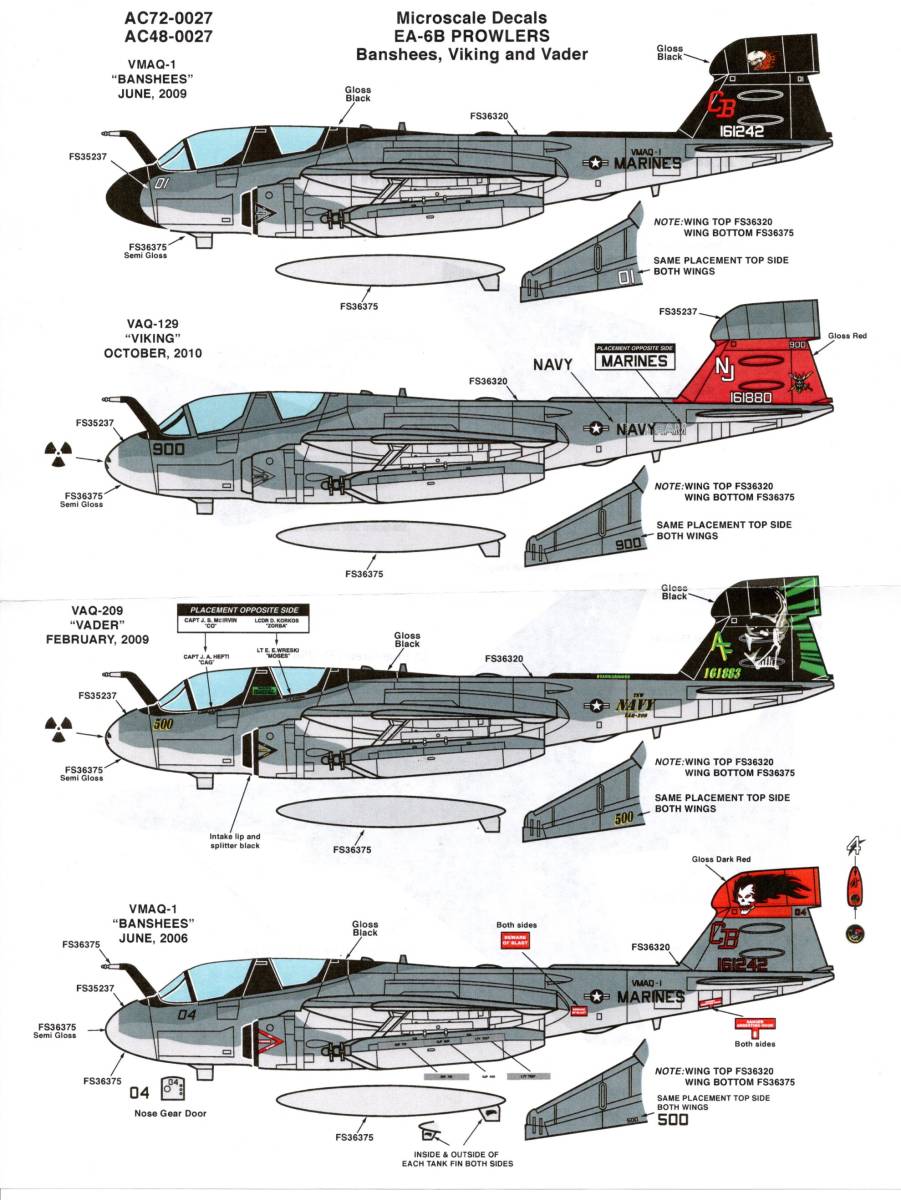1/72 Microscale decals マイクロスケール デカール 72-0027 USA Navy & Marines Grumman EA-6B Prowler - VMAO-1 ...