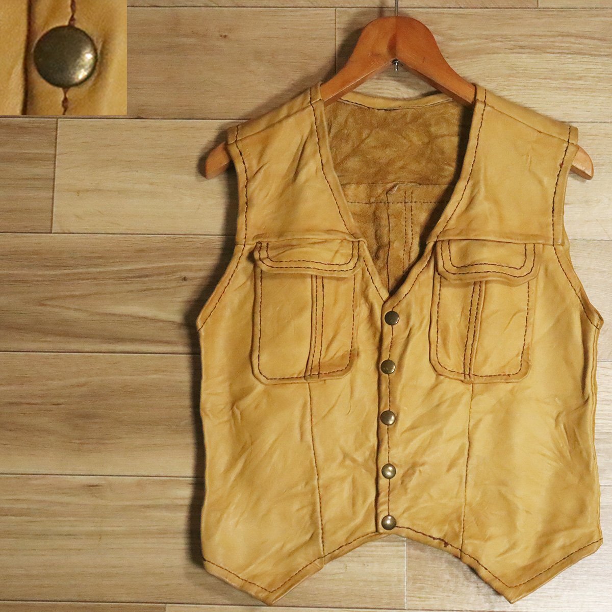 E5Y/S7.23-3 レザーベスト 革ベスト 皮ベスト ライダースベスト ジレ チョッキ 本革 バイカー ベージュ系 メンズ 古着(Sサイズ ...