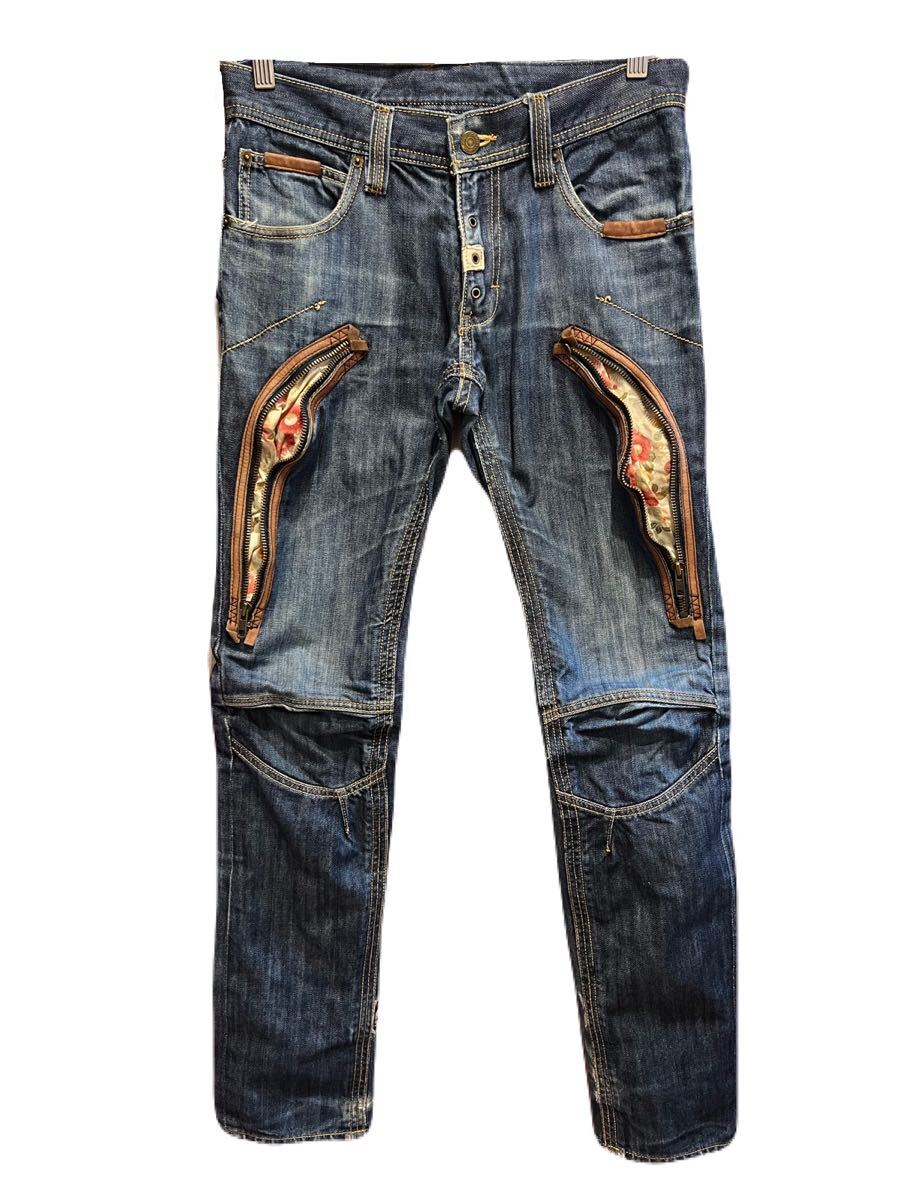 RARE PPFM Y2K Japanese Label Denim Pants Flower Print Leather Gimmick Zipper LGB goa ...