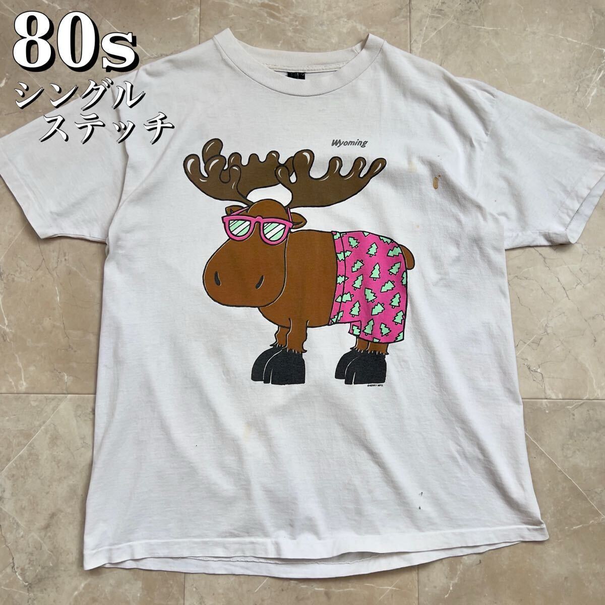 80s USA製 Sherry シングルステッチ ヘラジカ スーベニア Tシャツ キャラクター アート ヴィンテージ ビンテージ Tee 検 ...