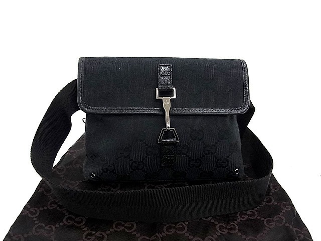1円 極 GUCCI グッチ 92543 GGキャンバス×レザー ウエストポーチ ボディバッグ ブラック×シルバー金具 U902MO(かばん ...