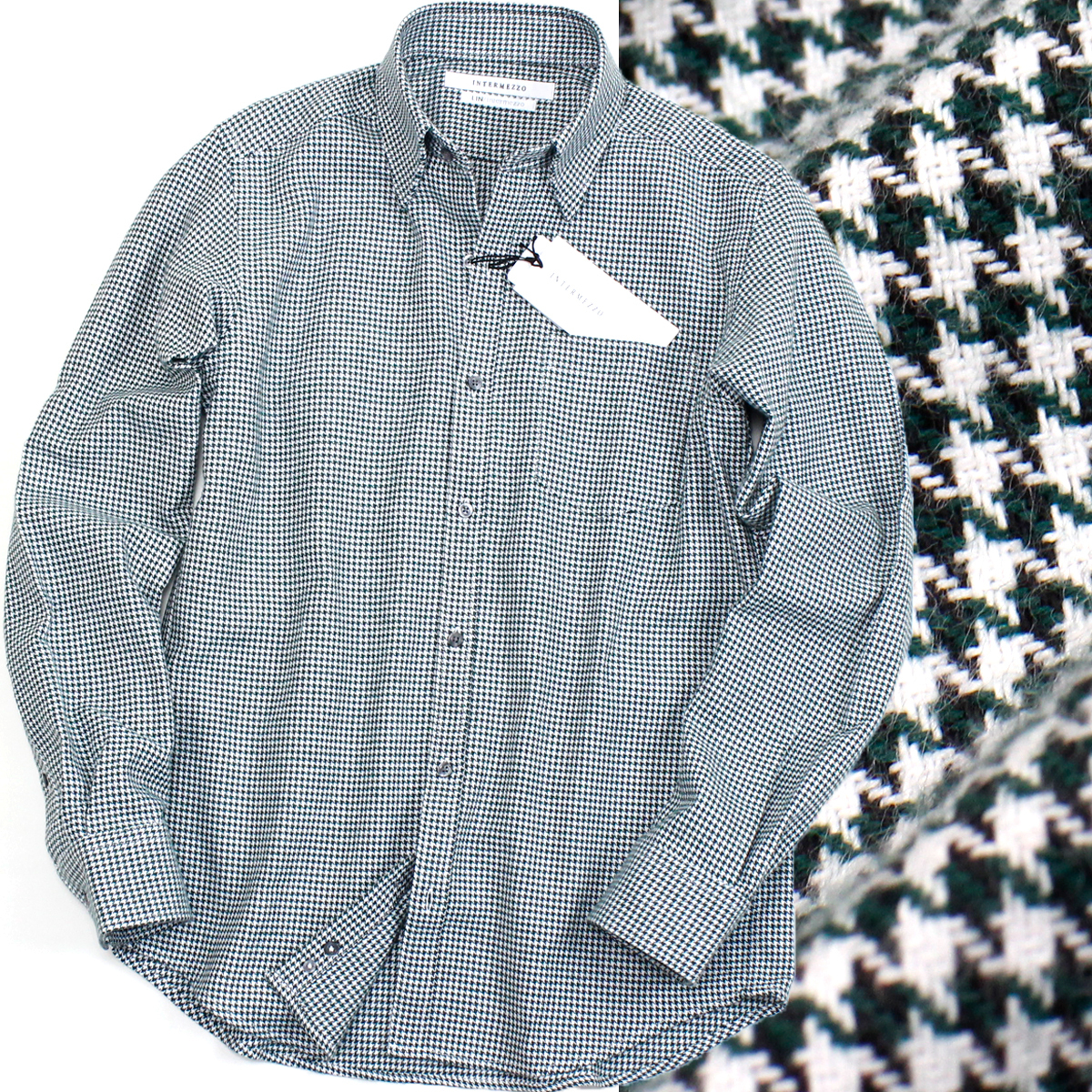 秋冬 INTERMEZZO インターメッツォ ハウンドトゥース柄 中厚手コットン フランネルシャツ L 緑白 ネルシャツ IMLS.7(L ...