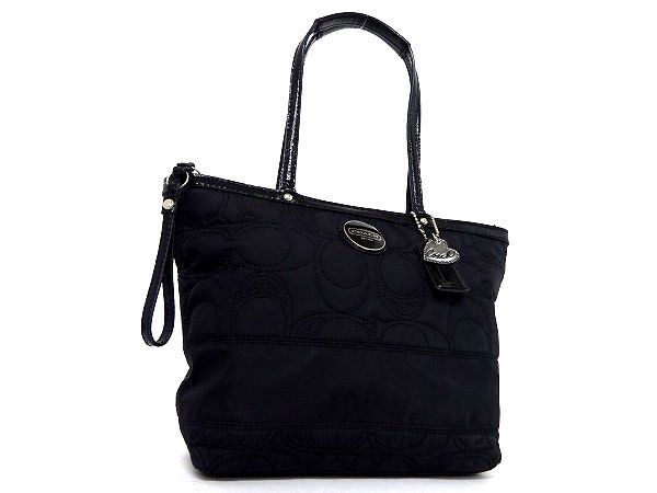 1円 COACH コーチ F17668 ナイロン×レザー シグネチャー シルバー金具 肩掛け ショルダーバッグ ブラック系 H0066BN ...