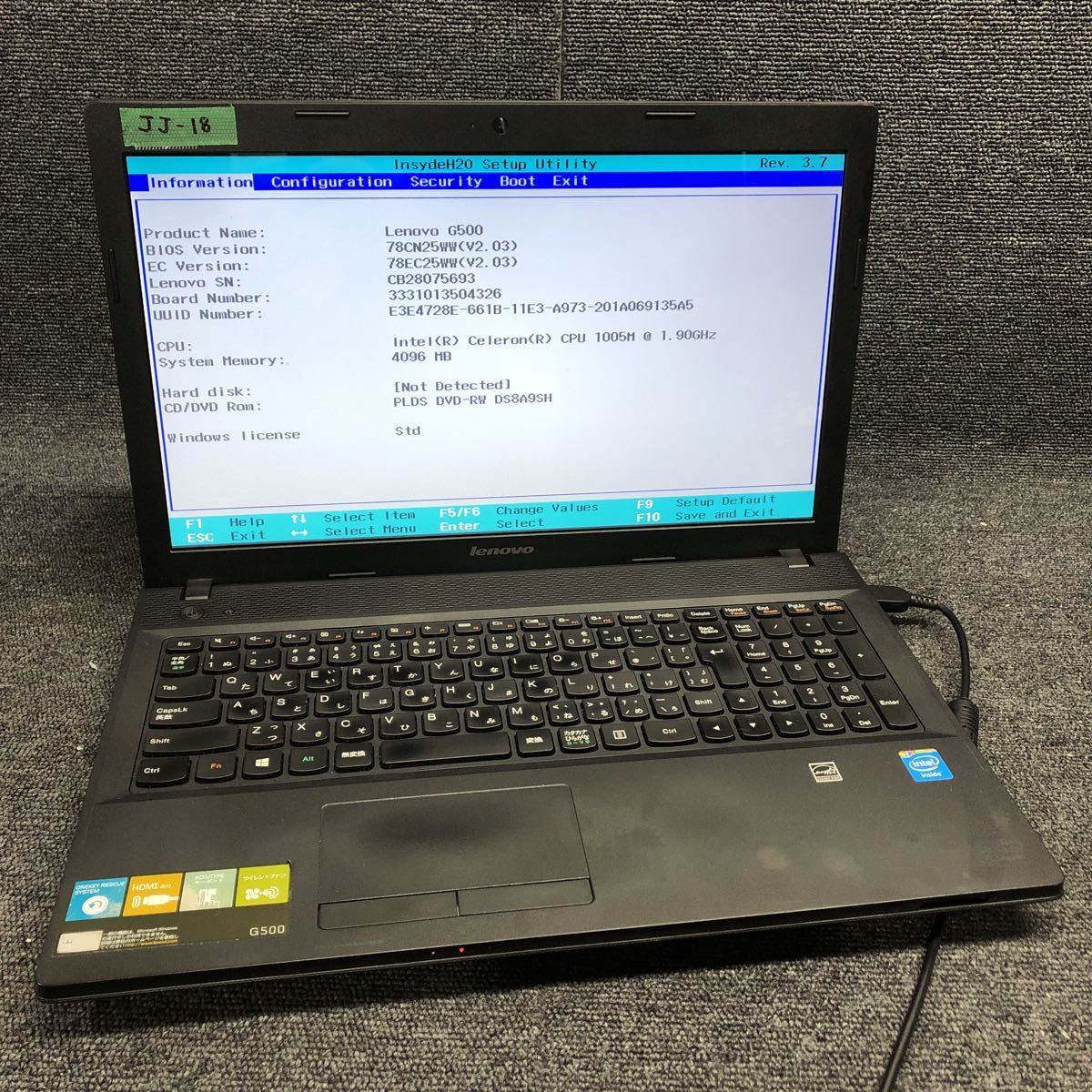 JJ-18 激安 ノートPC Lenovo G500 20236 Celeron 1005M 1.90GHz ドライブ欠品 BIOS立ち上がり ...