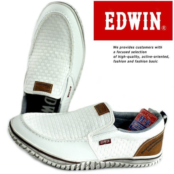 エドウィン EDWIN メンズ ローファー スリッポン シューズ 靴 軽量 軽い 厚めインソール ED7538 ホワイト 25.5㎝ 1円 ...