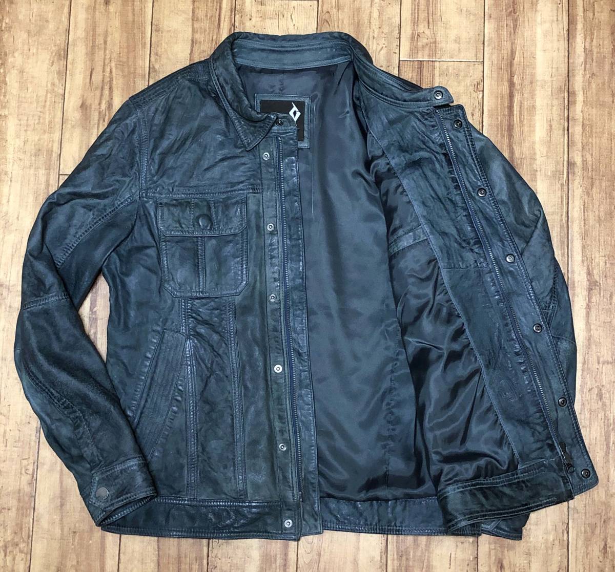 E09 ジーステージ レザーの味を楽しむ g-stage ラムレザー シングル ジャケット ブルゾン とても柔らか 羊革 Mサイズ グリーン 緑系 秋冬(Mサイズ)｜売買されたオークション情報 ...