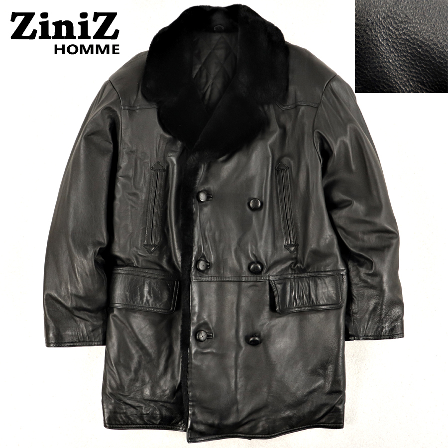 相場価格￥120 000- 正規品 ZINIZ HOMME ジンズ オム 羊革 ムートン襟 ラムレザー Pコート 中綿キルティング 黒 ...