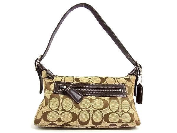 1円 極 COACH コーチ 6044 シグネチャー キャンバス×レザー シルバー金具 ハンドバッグ ショルダー 肩掛け ブラウン系 ...