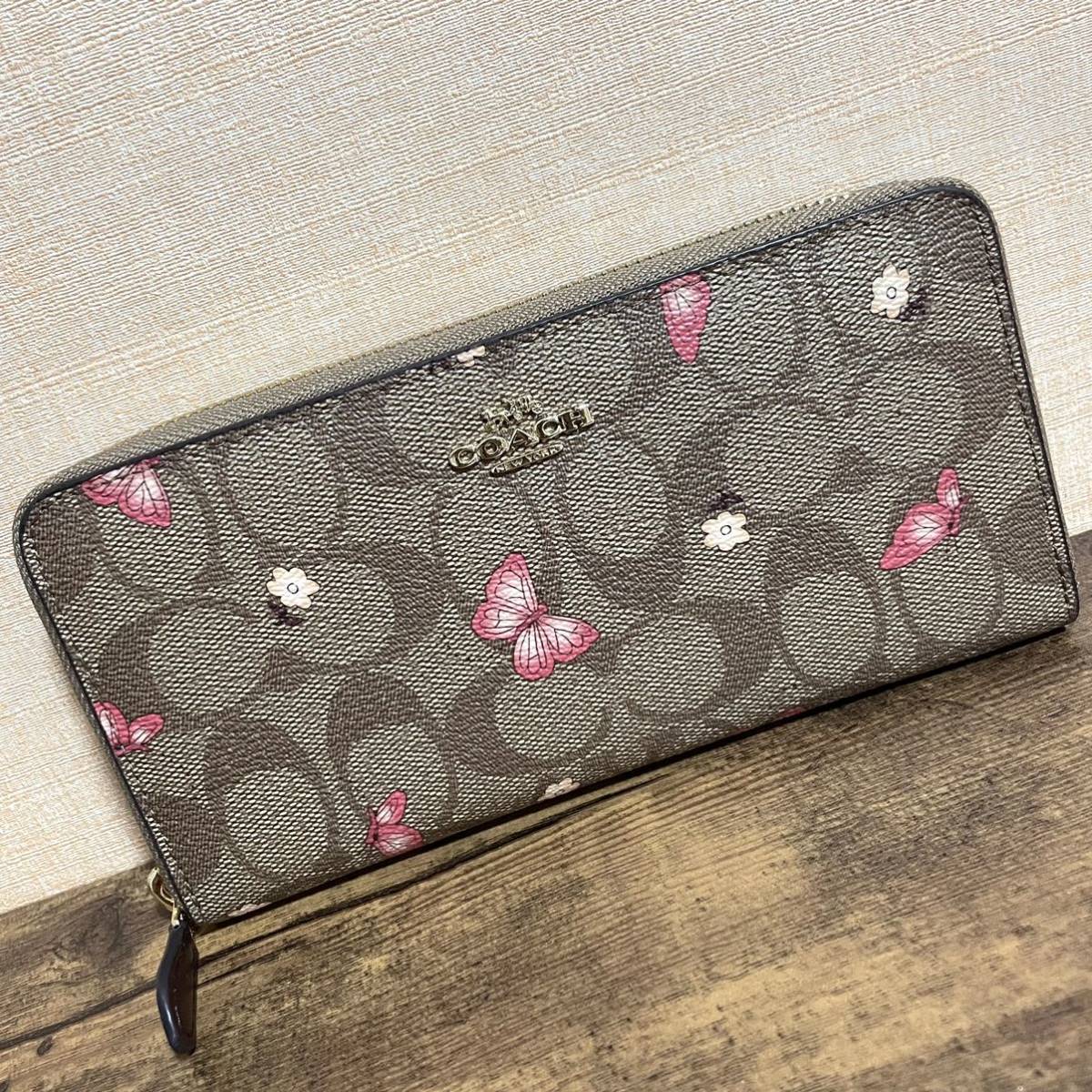COACH コーチ 2858 シグネチャー 蝶々 バタフライ PVC 長財布 ウォレット ブラウン アコーディオン ジップ アウトレット品 ...