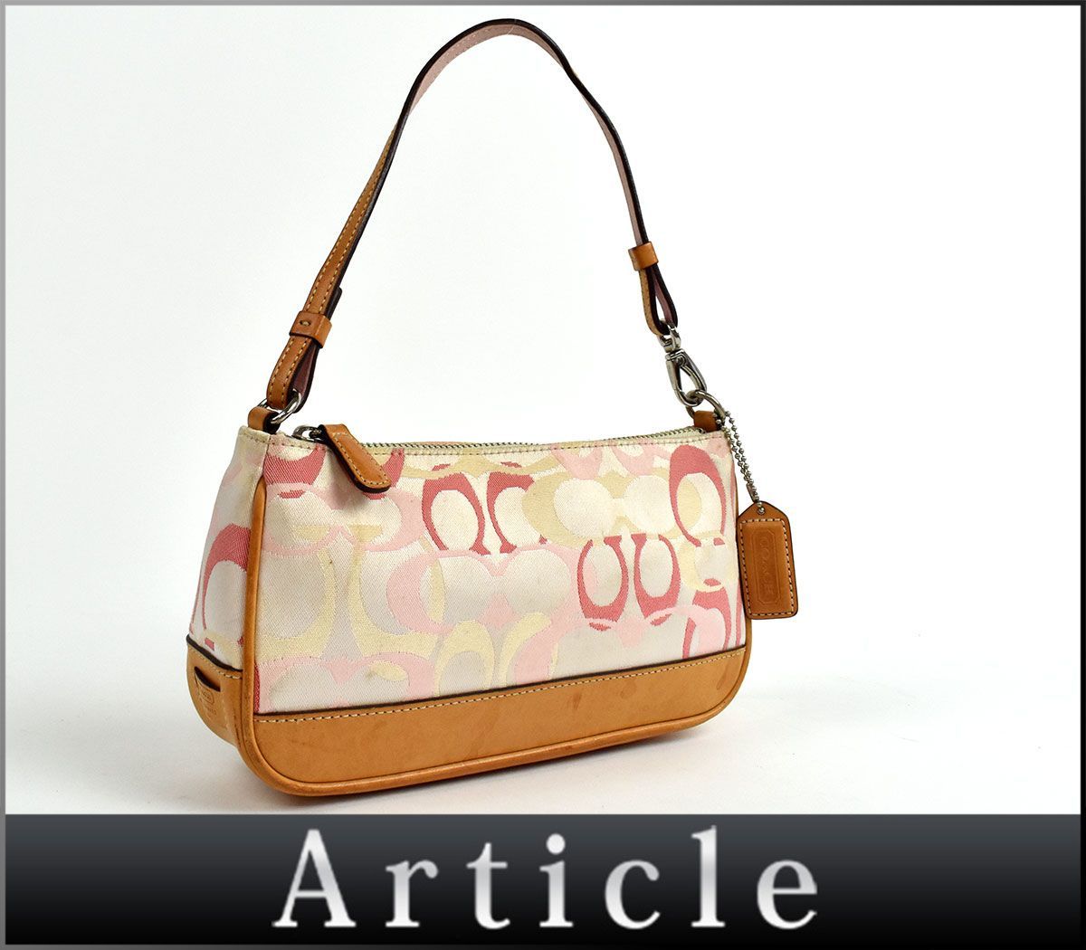 130428 COACH コーチ オプティック シグネチャー アクセサリーポーチ 7027 サテン キャンバス レザー ホワイト ピンク ...