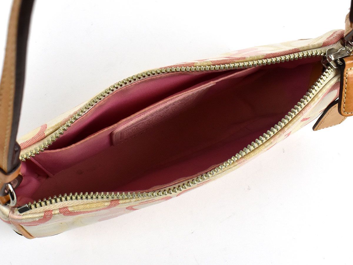 130428 COACH コーチ オプティック シグネチャー アクセサリーポーチ 7027 サテン キャンバス レザー ホワイト ピンク ...