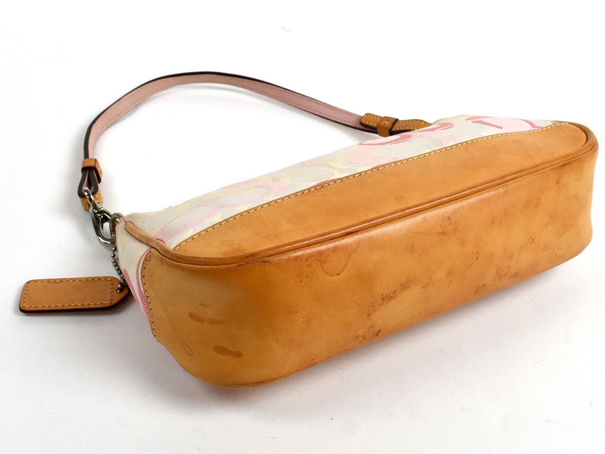 130428 COACH コーチ オプティック シグネチャー アクセサリーポーチ 7027 サテン キャンバス レザー ホワイト ピンク ...