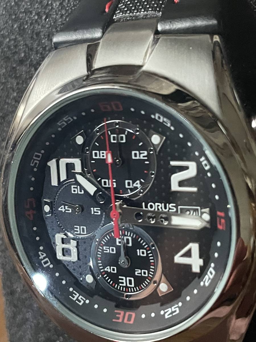 1円出品 SEIKO LORUS クロノグラフ 100m防水 精悍なブラックベゼル 本革ベルト 逆輸入 欧米モデル 日本未販売 入手困難(海外 ...