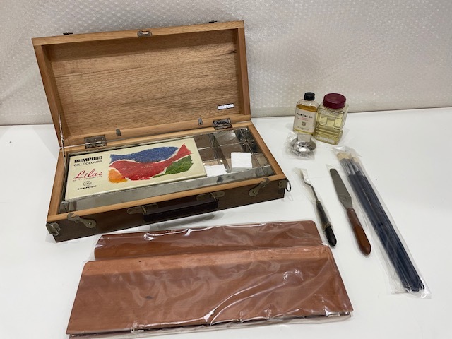 BUMPODO 文房堂 油絵画材セット 筆 絵具 木製ケース パレット等 ハンガーポット PAINTING OIL COLOURS 12色 T ...