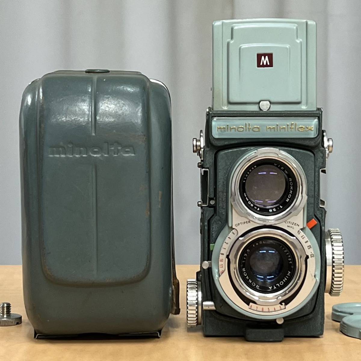 minolta miniflex ROKKOR 60mm f3.5 ミノルタ ミニフレックス 二眼レフカメラ 緑 グリーン 革ケース付き ...