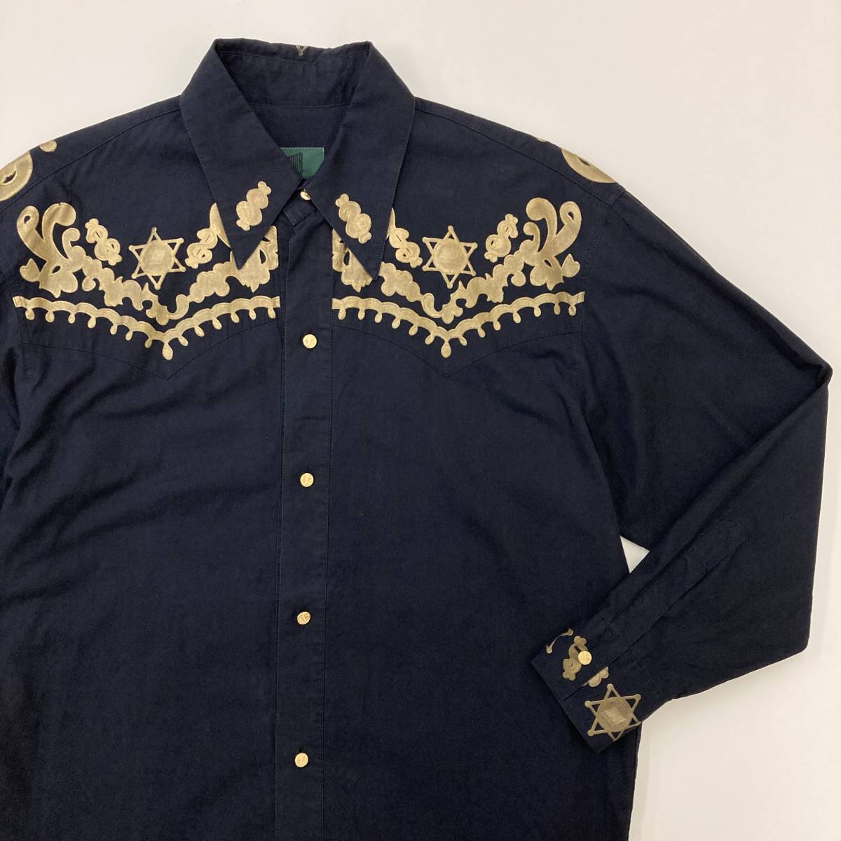 90s JUNIOR GAULTIER 立体プリント 装飾 長袖 シャツ ブラック ゴールド 黒 金 ジュニア ゴルチエ Jean Paul ...