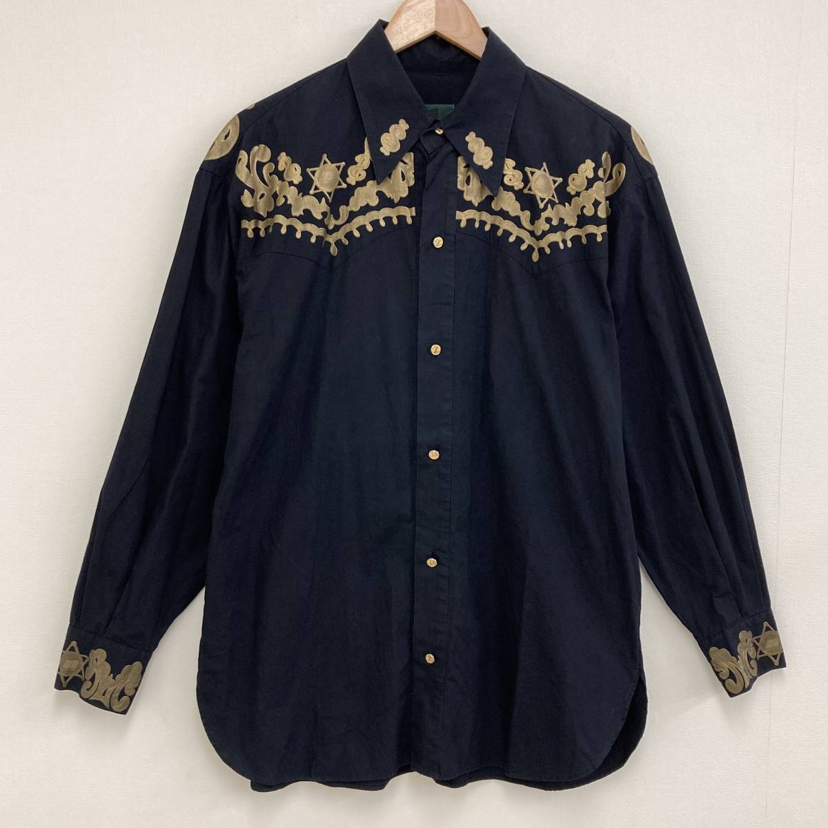 90s JUNIOR GAULTIER 立体プリント 装飾 長袖 シャツ ブラック ゴールド 黒 金 ジュニア ゴルチエ Jean Paul ...
