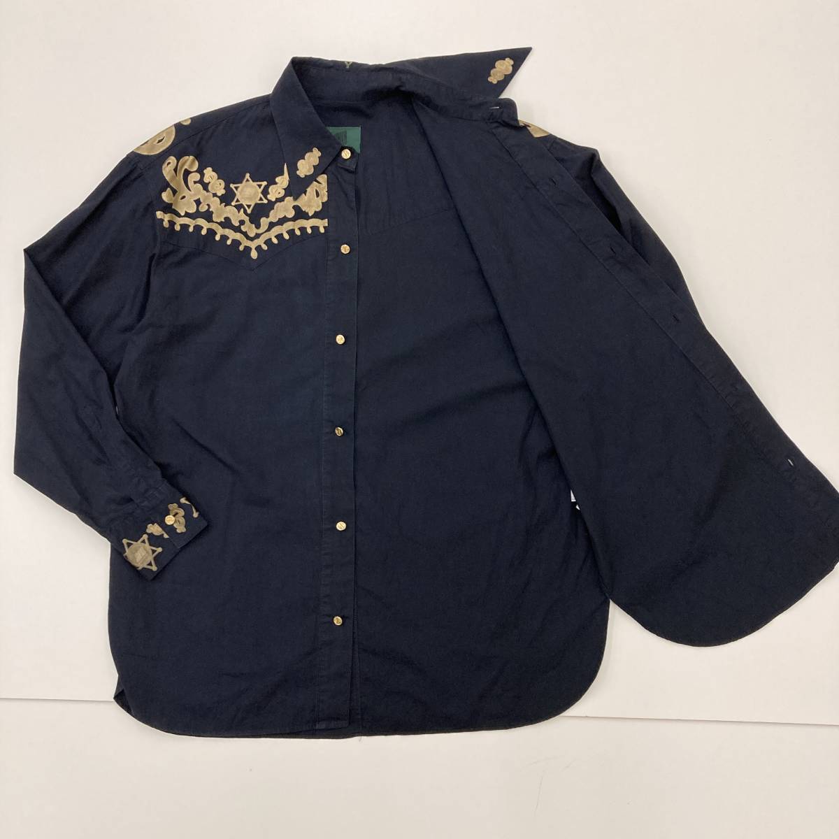 90s JUNIOR GAULTIER 立体プリント 装飾 長袖 シャツ ブラック ゴールド 黒 金 ジュニア ゴルチエ Jean Paul ...