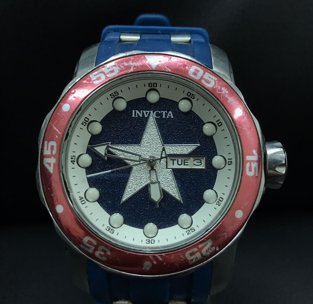 2528 超激レアmarvel マーベル クロノグラフ 稼働 デイデイト INVICTA 腕時計 ブルー文字盤 No.25703(その他)｜売買されたオークション情報、yahooの商品情報を ...