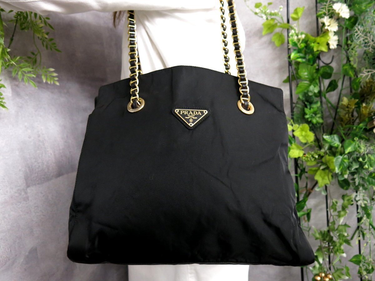 超 PRADA プラダ ポコノ ナイロン カーフ レザー 本革 チェーン ショルダー バッグ 黒 G金具 ヴィンテージ B5 収納 Js46619(ショルダーバッグ)｜売買されたオークション ...