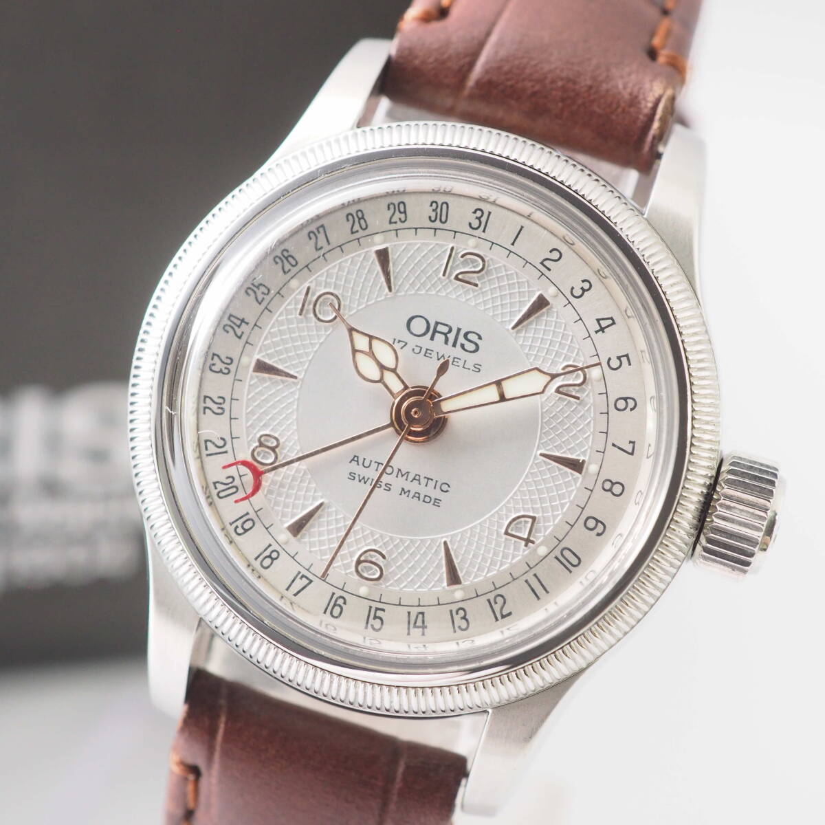 オリス ビッグクラウン ポインターデイト ORIS 7550 584 裏スケ 17石 自動巻 シルバー 革ベルト レディース 腕時計+箱 25 ...