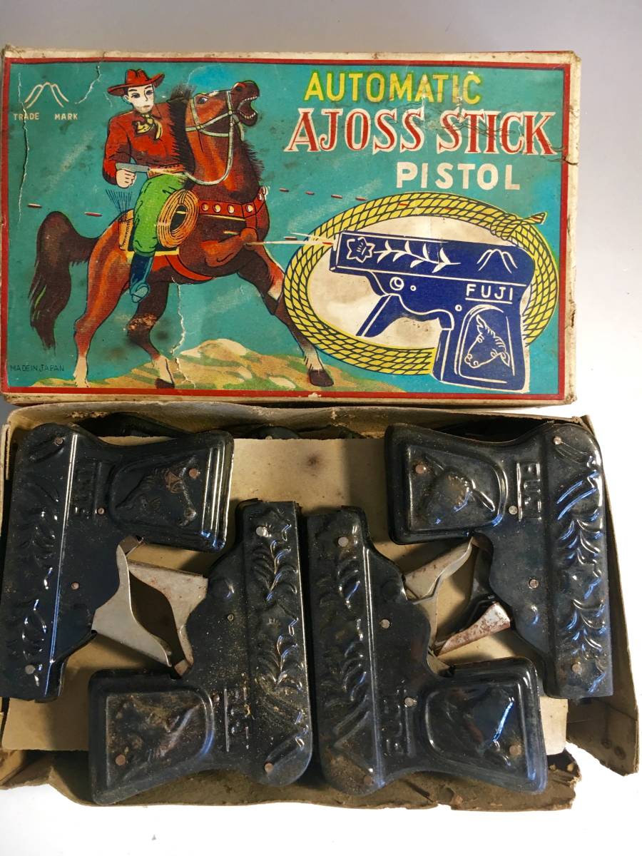 AJOSS STICK PISTOLブリキのピストル1打箱入り 西部劇 牛 カウボーイ ウェスタン FUJI 駄玩具 昭和レトロ(ブリキ ...