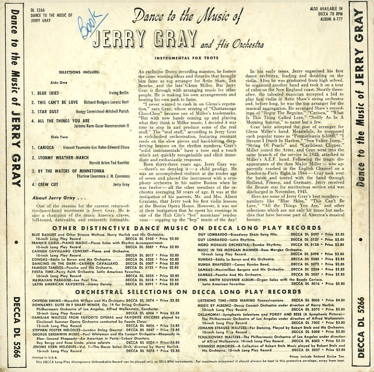 A00255400/ ジャズ 10インチ/Jerry Gray And His Orchestra Dance To The Music Of ...