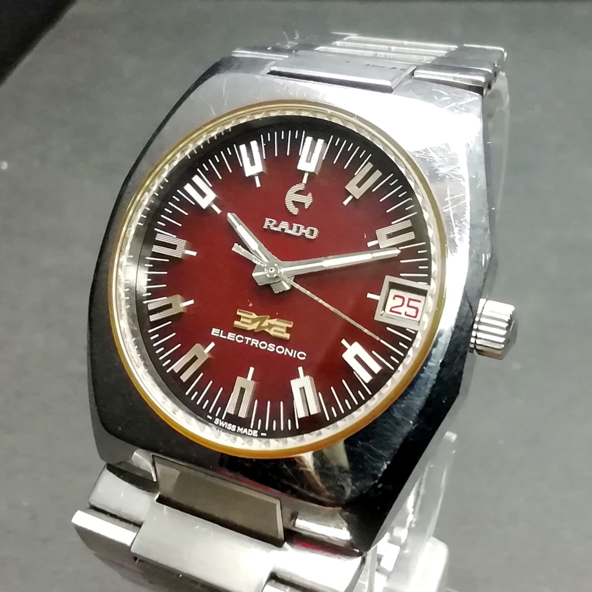 RADO ELECTROSONIC ラドー エレクトロソニック デイト 15006 ブラウン文字盤 音叉 赤デイト メンズ腕時計 純正ブレス ...