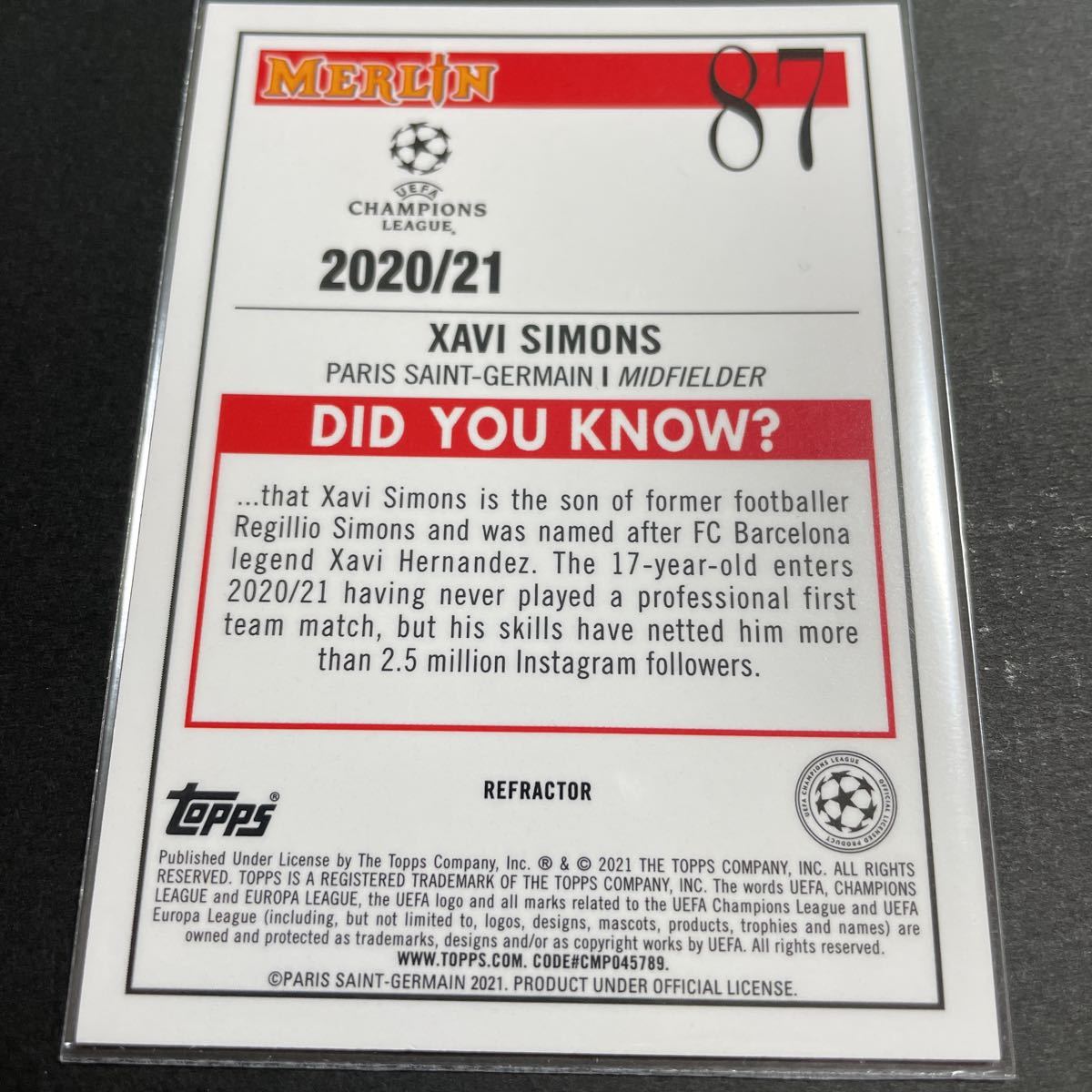Xavi Simons 2020-21 Topps Merlin Collection Chrome UEFA Champions ...