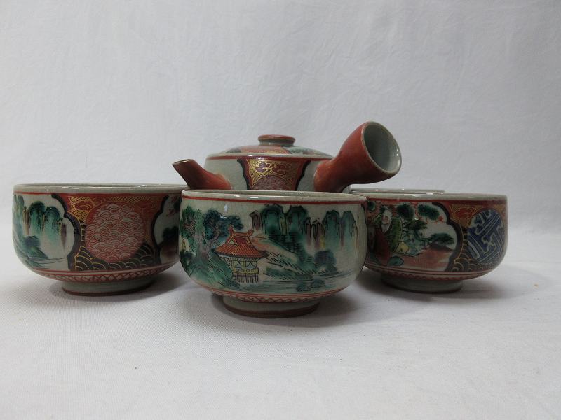 IE11304 九谷焼 庄三 茶器セット 湯呑×5 急須×1 箱無 検 茶器 茶碗 湯飲み 茶杯 来客 おもてなし 作家物 古物 骨董品 古玩 ...