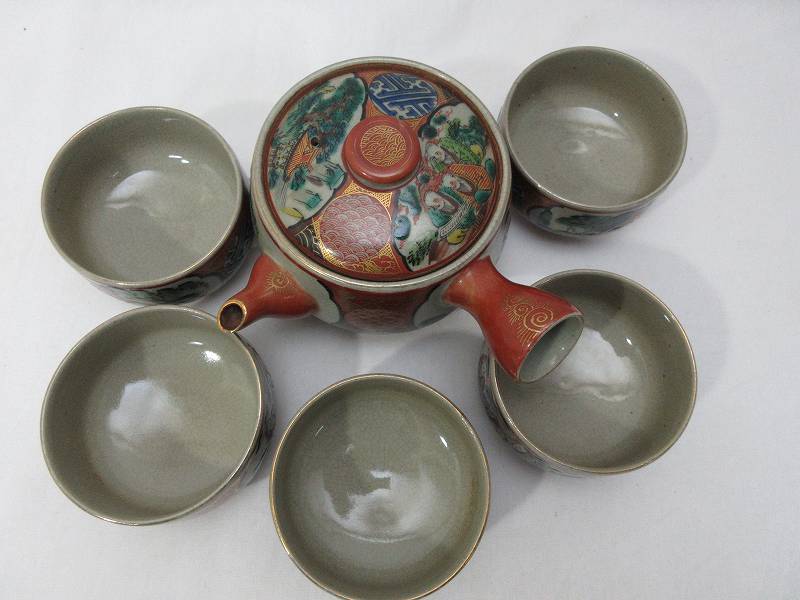 IE11304 九谷焼 庄三 茶器セット 湯呑×5 急須×1 箱無 検 茶器 茶碗 湯飲み 茶杯 来客 おもてなし 作家物 古物 骨董品 古玩 ...