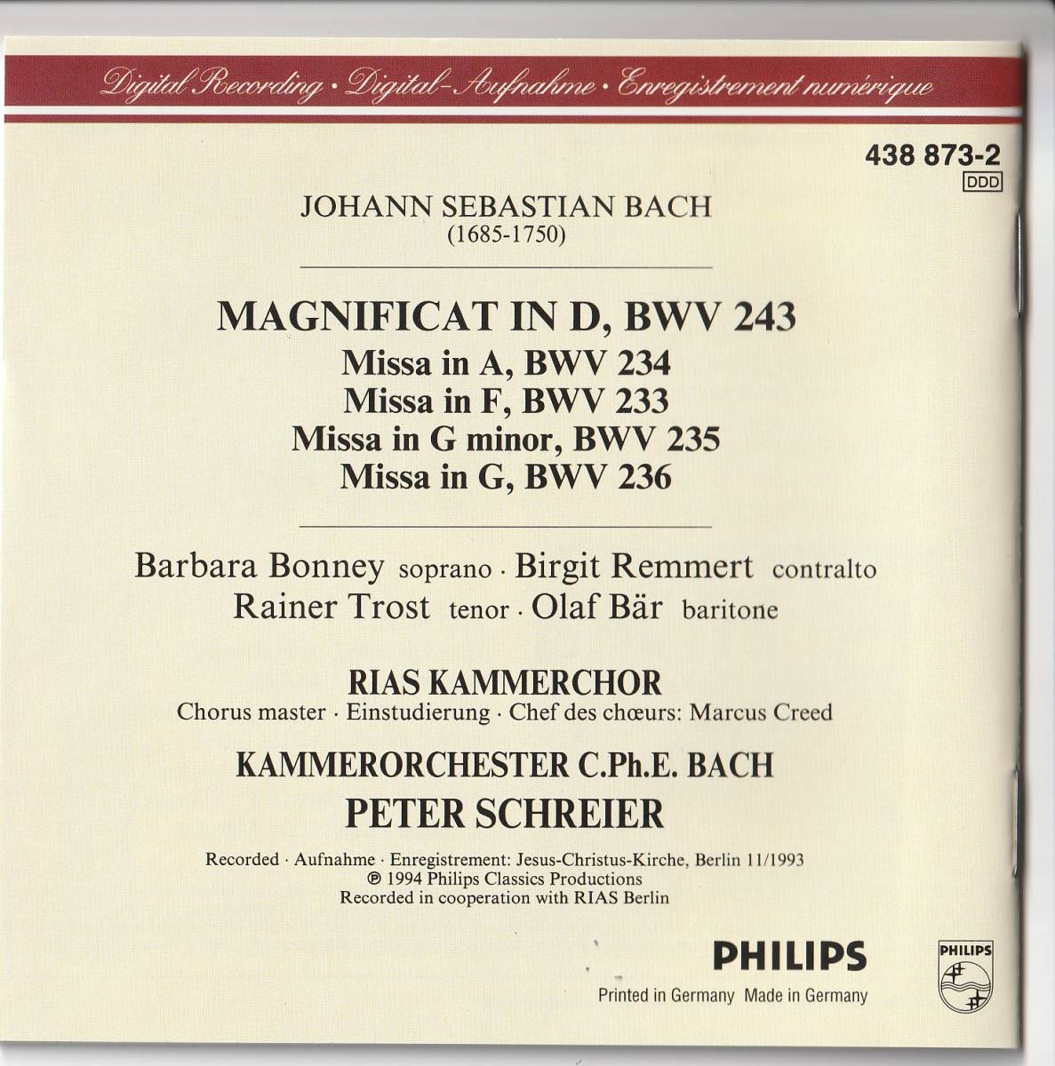 バッハ：マニフィカト シュライヤー 独Philips CD2枚組(声楽)｜売買されたオークション情報、yahooの商品情報をアーカイブ公開 - オークファン（aucfan.com）