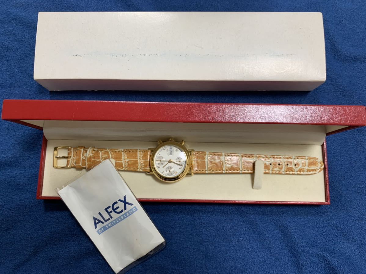箱 説明書付 ALFEX スイス製 自動巻 クロノグラフ ミモザ 革ベルト付 シースルーバック swiss made chronograph men's automatic watch(3針 ...