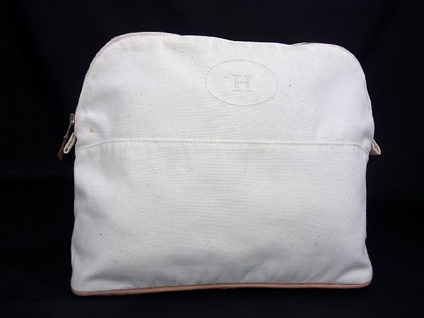 1円 HERMES エルメス ボリードポーチ キャンバス ゴールド金具 メイクポーチ マルチケース 小物入れ レディース アイボリー系 ...
