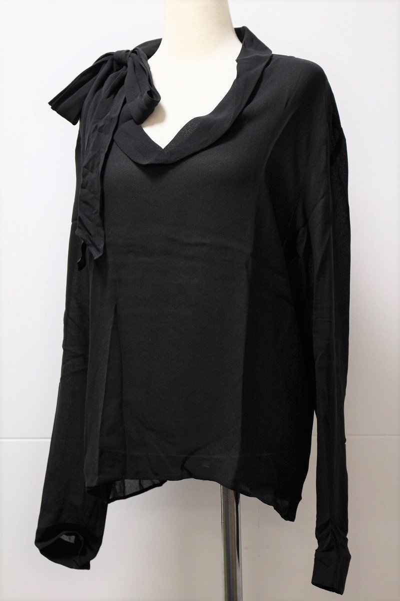 HERMES エルメス ボウタイ シアー ブラウス 黒 ブラック 長袖 シルク100% 34 フランス製 12-K048/1/100(長袖 ...