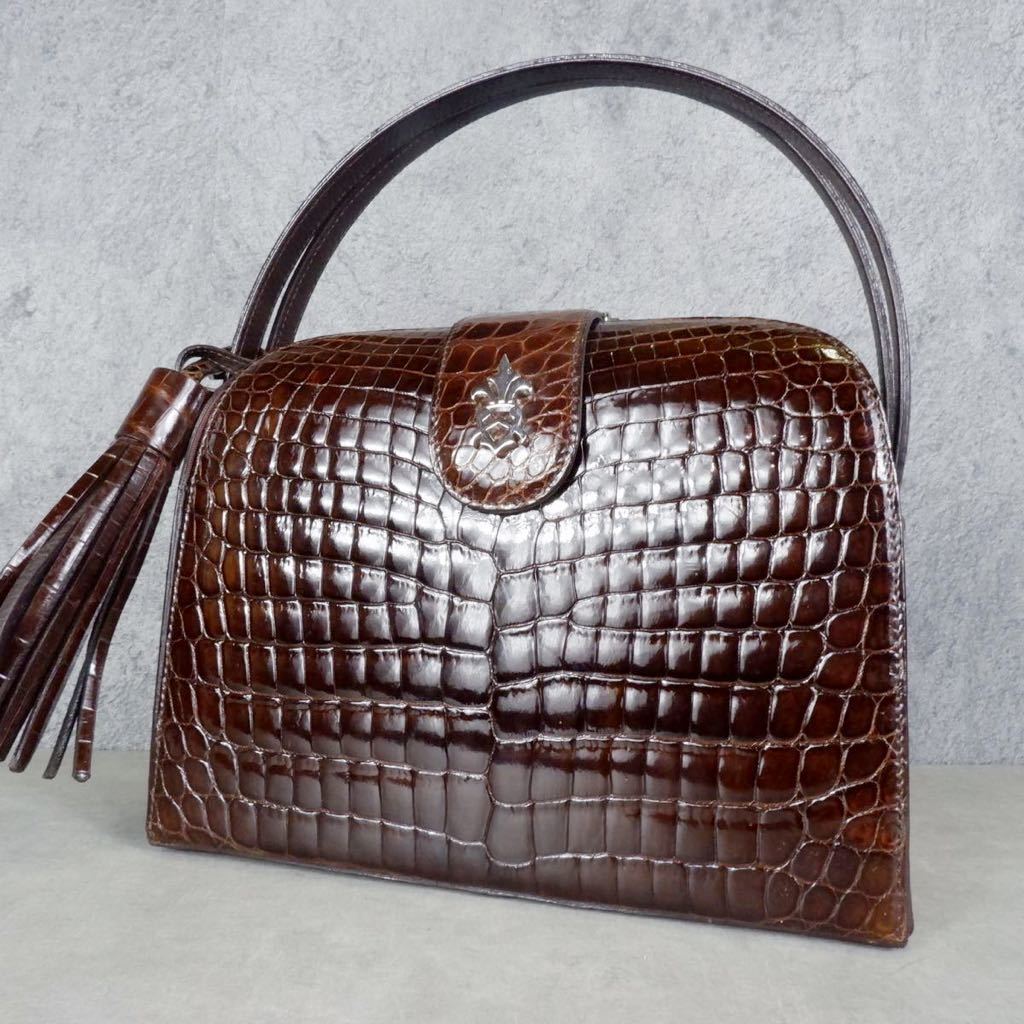 1スタ クロコダイル ハンドバッグ ブラウン フリンジ シャイニングクロコ センター取り バニティバッグ JRA認定 F68(クロコダイル ...